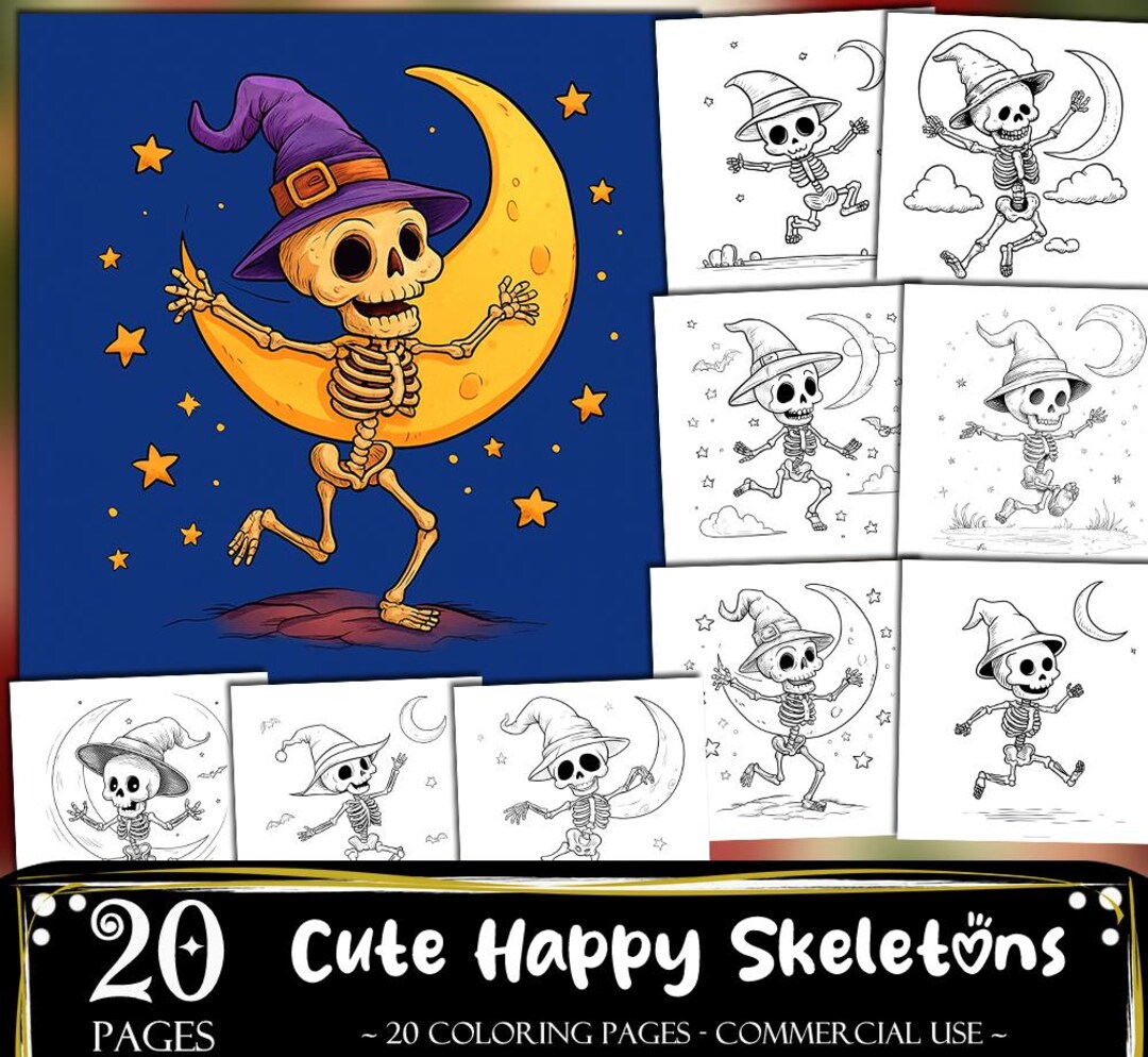 Cute Happy Skeletons Printable Coloring Pages, Adults and Kids Coloring ...