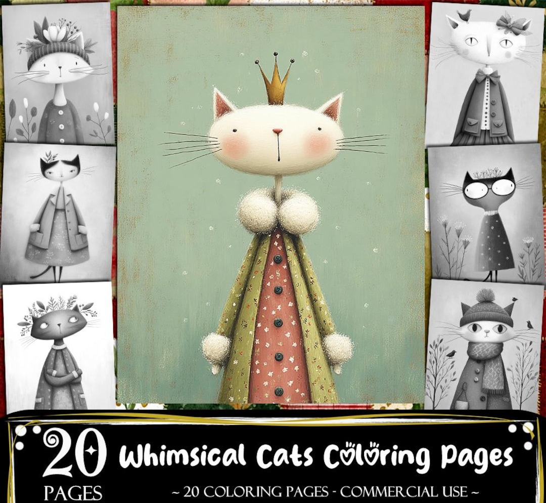 Whimsical Cats Grayscale Coloring Pages, Adults and Kids Coloring Book ...