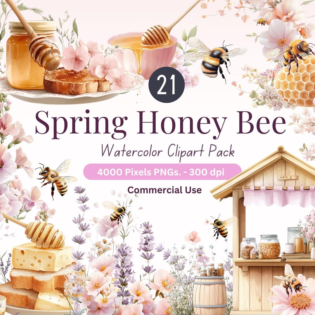 21 Spring Honey Bee Watercolor Clipart | Floral PNG Bundle | Honey Jar ...