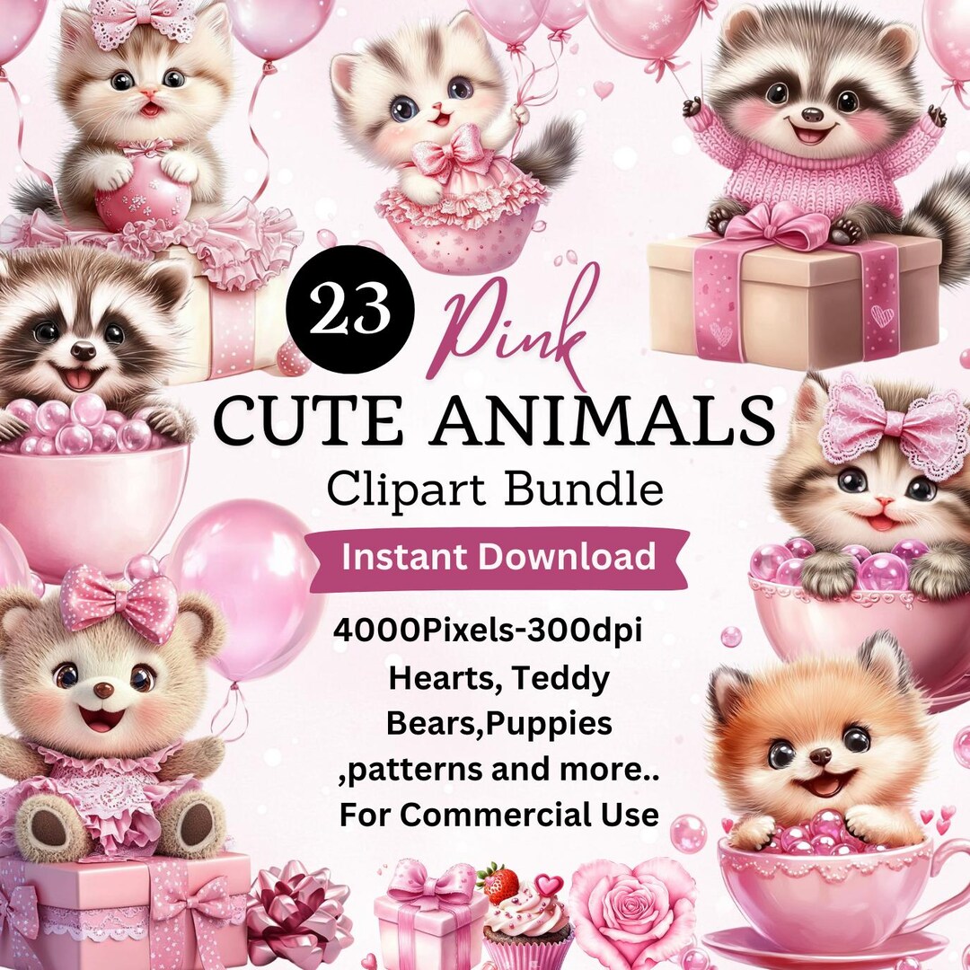 23 Pink Animals Clipart Bundle ,adorable Hearts, Balloons, Cakes, Teddy ...