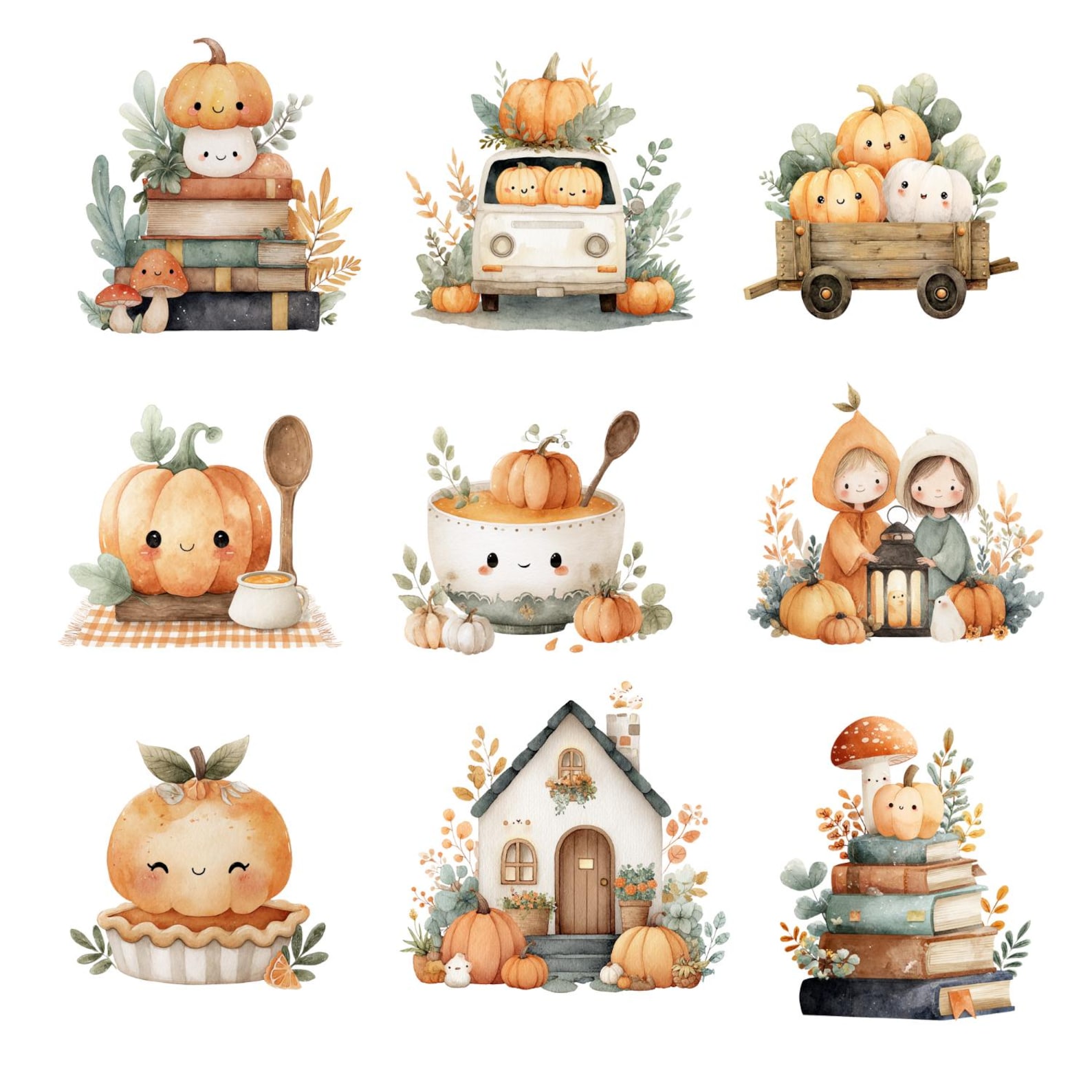 Watercolor Fall Clipart Set: Pumpkins, Animals, Cozy Autumn Pngs ...