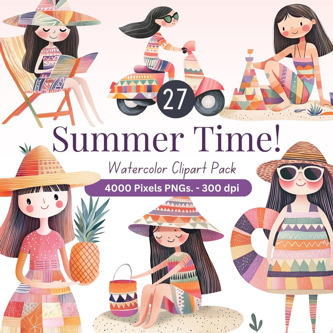 Summer Watercolor Clipart Bundle | 27 Pngs Beach Girls, Floaties ...