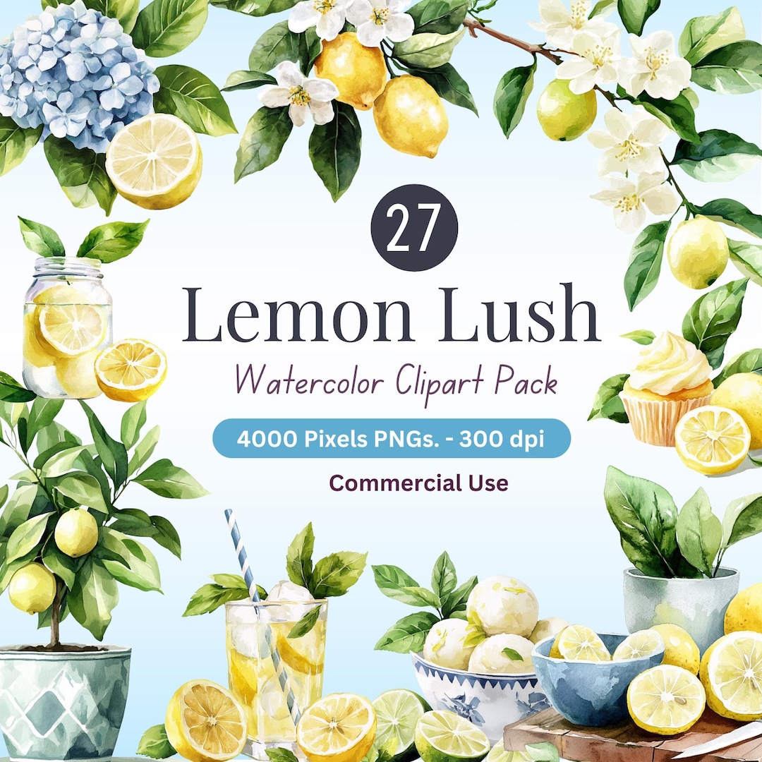 Lemon Watercolor Clipart: Summer Citrus PNG Pack (commercial Use) - Etsy