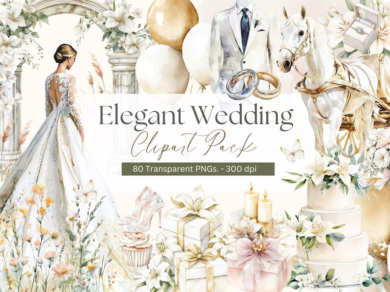 80 Watercolor Wedding Clipart, Sublimation Bundle, Wedding for Junk ...