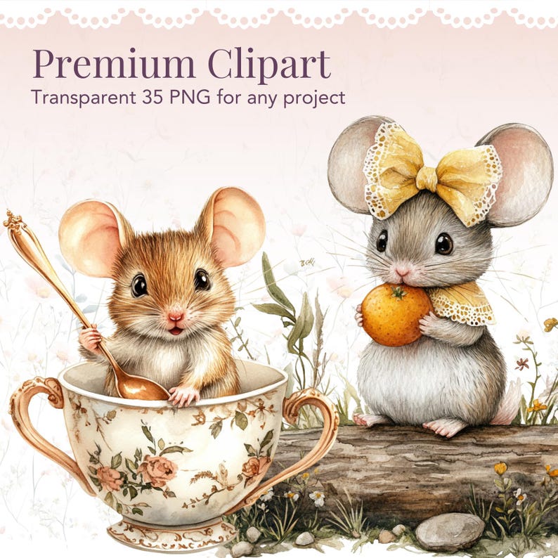 40 Spring Mouse Watercolor Clipart | Cute Mice, Floral Bouquets ...