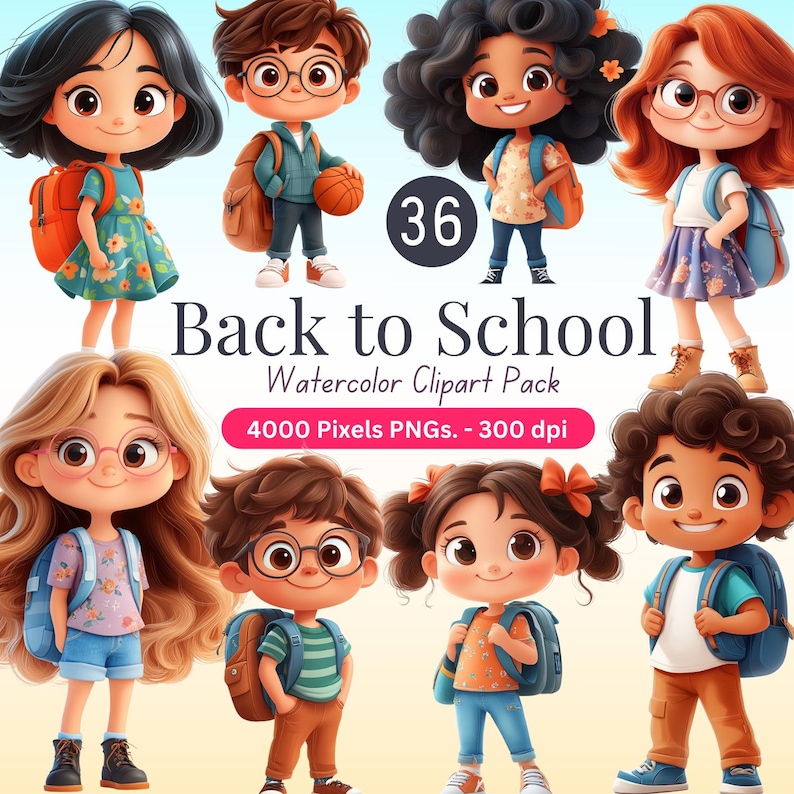 Back to School Watercolor Clipart | Cute Kids PNG Bundle | 36 School ...