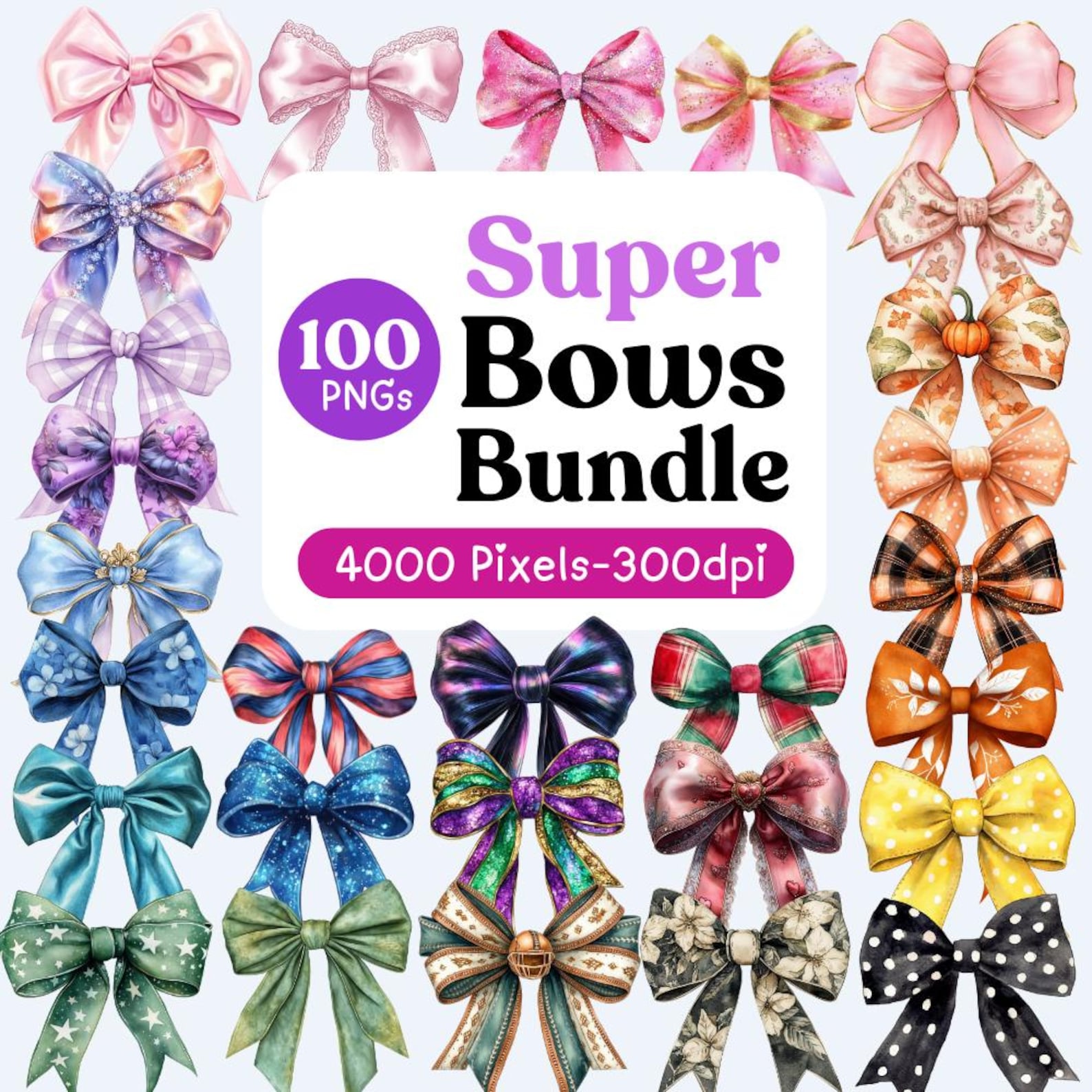 100 Bow Clipart Mega Bundle -colorful PNG 300 Dpi, Coquette,4000 Px ...