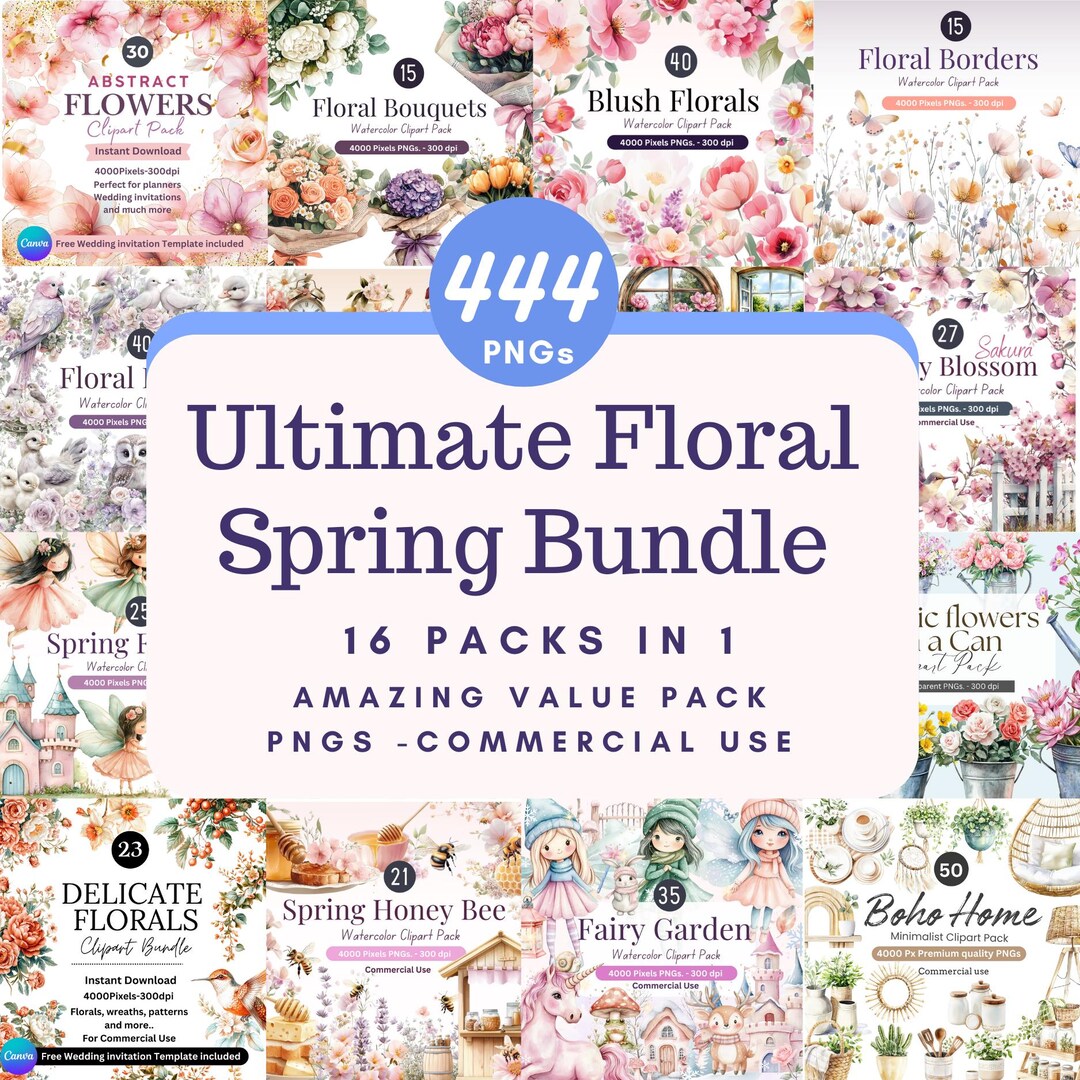 Spring Floral Clipart Bundle: Watercolor Flowers, Bees, Sakura (444 ...