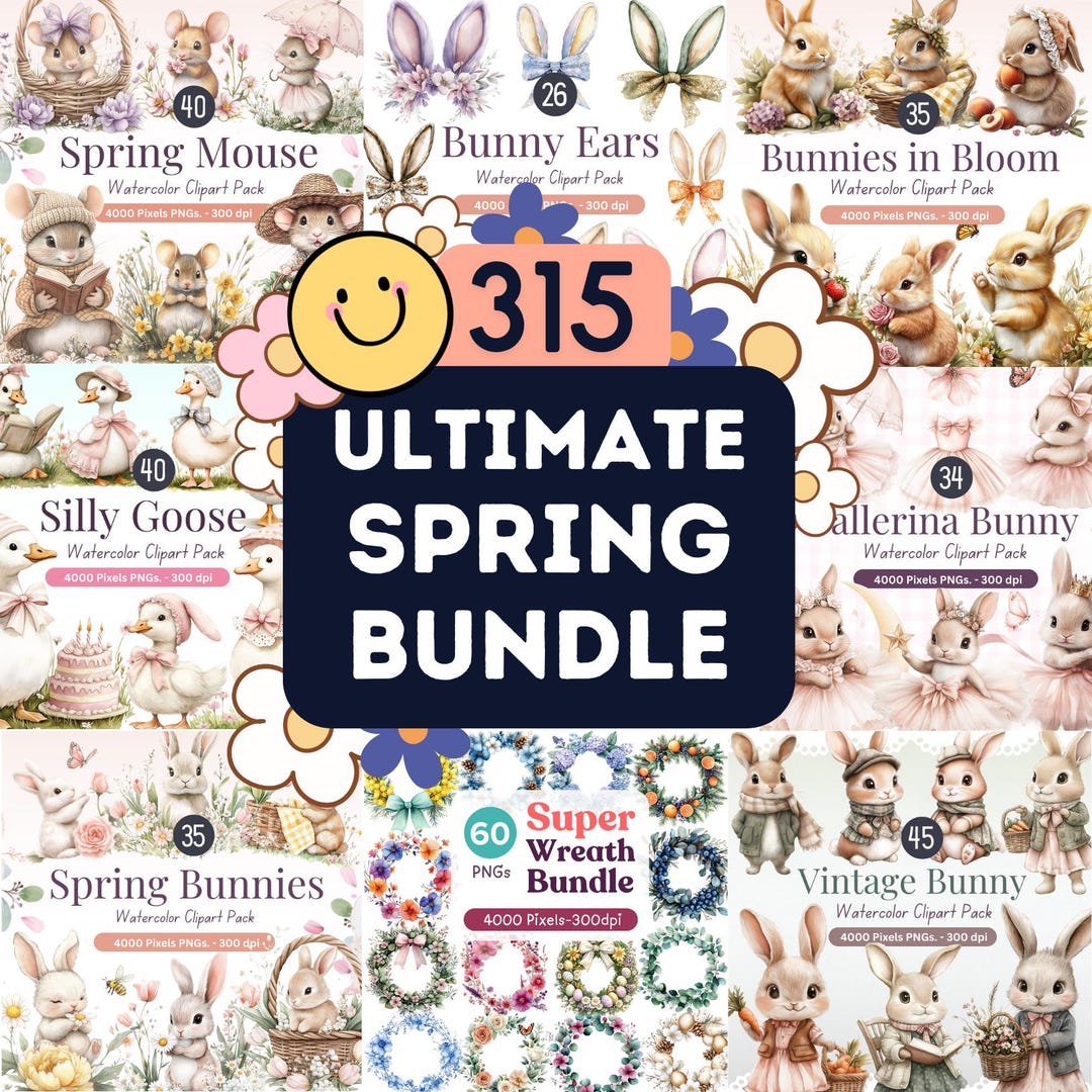 315 Spring Clipart PNG Bundle, Watercolor Cute Animals, Wreaths, Bunny ...