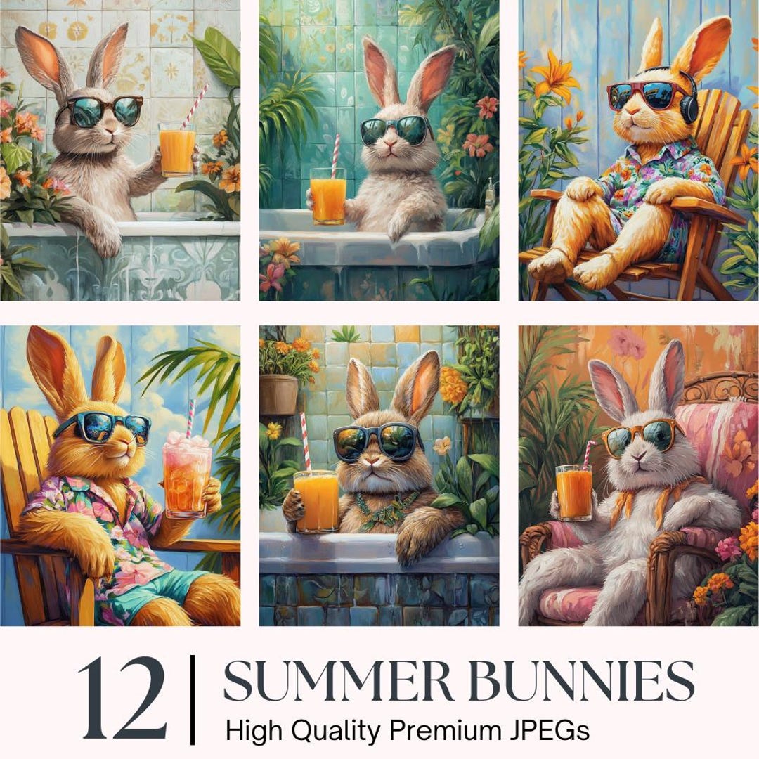 12 Summer Bunnies Digital Clipart Bundle– High-quality Jpegs for Wall ...