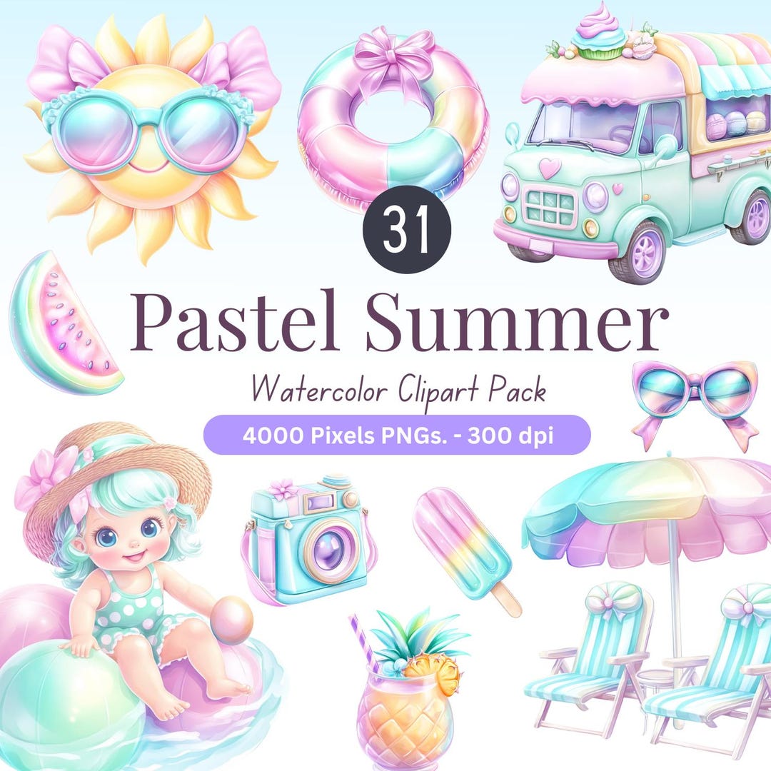 Pastel Summer Watercolor Clipart: Beach Girl, Ice Cream Truck (31 Pngs ...