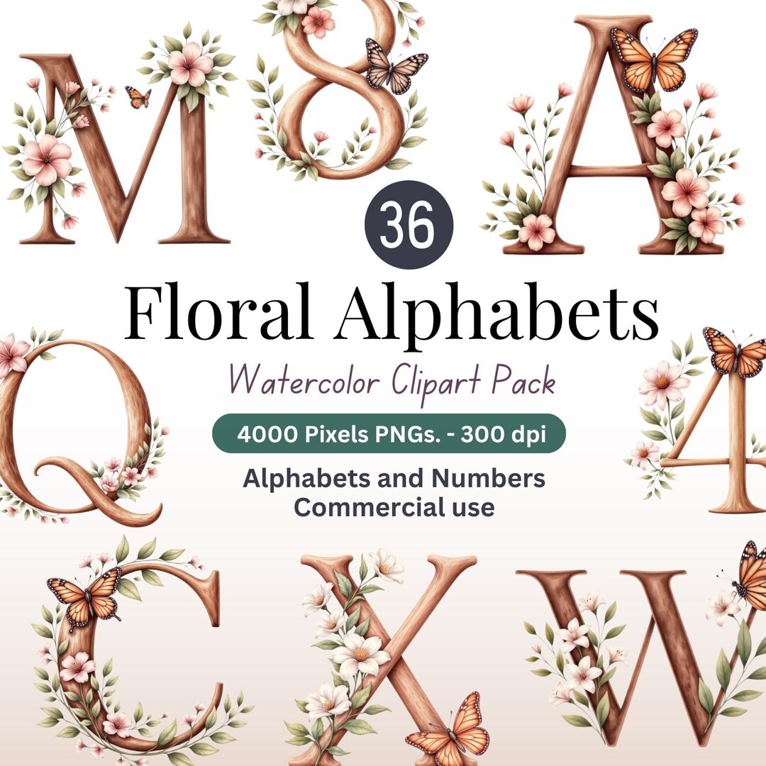 Floral Watercolor Alphabet Clipart: 36 PNG Letters & Numbers (digital ...