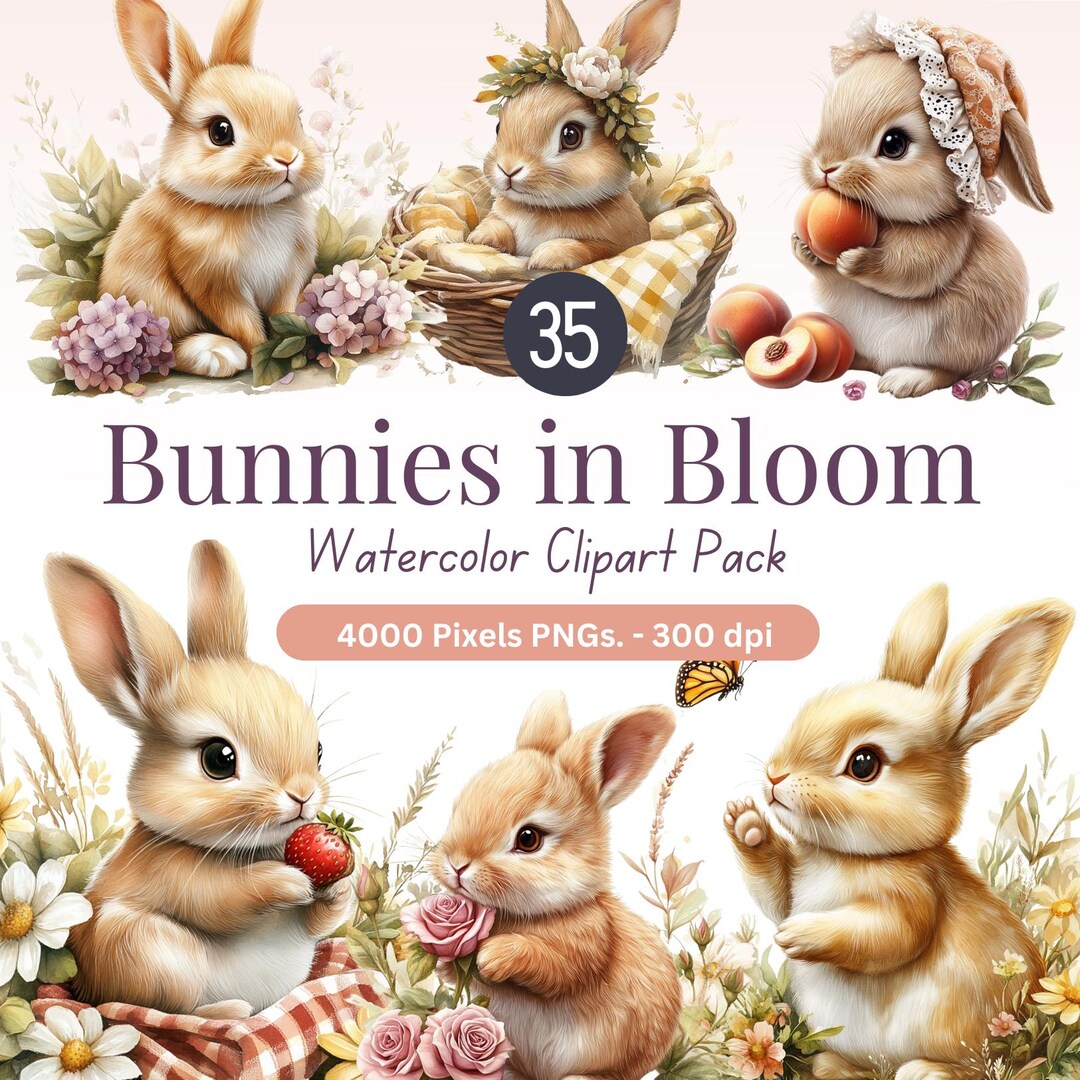 Watercolor Bunnies Clipart: Spring Flowers, Fruits, Baskets (PNG ...