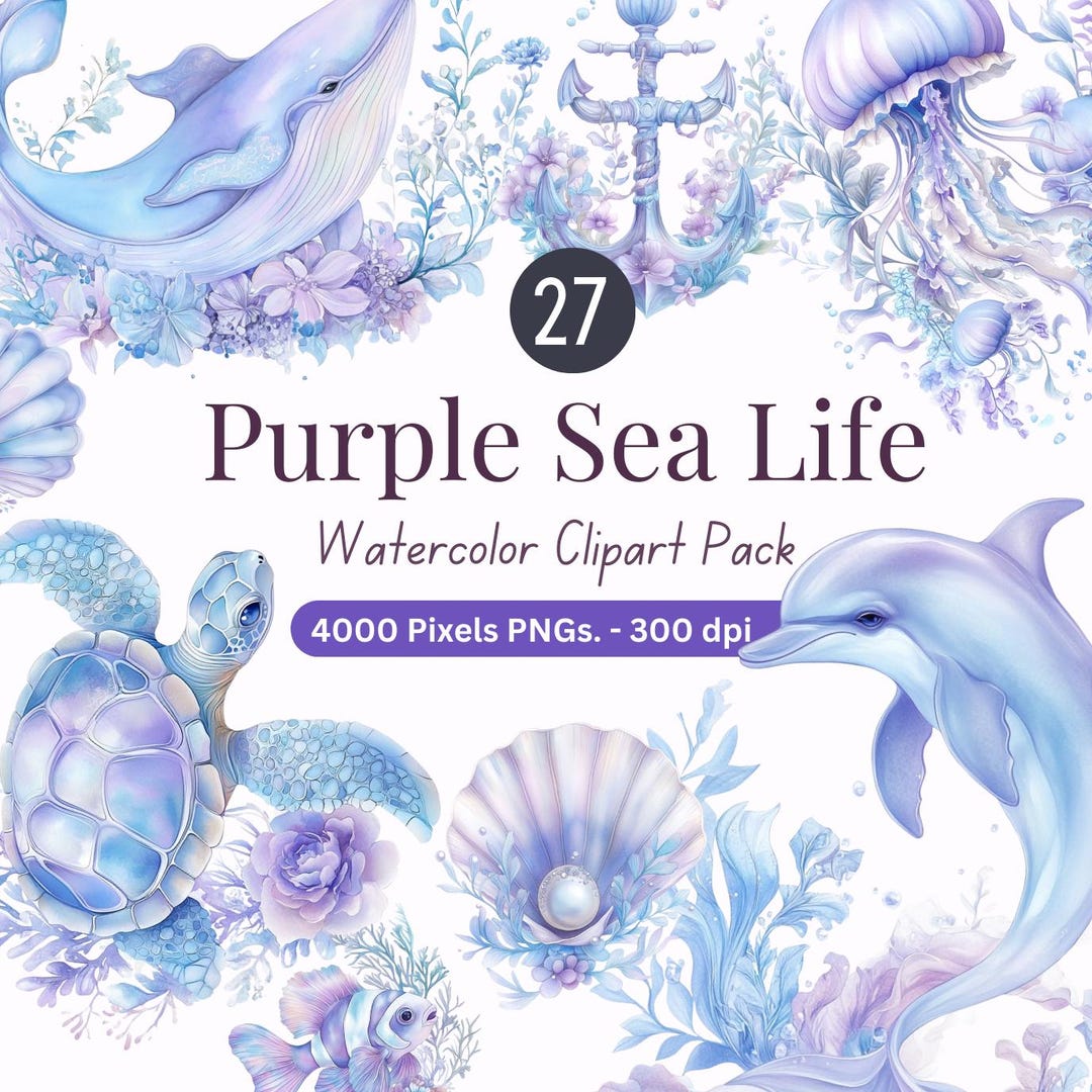 Purple Sea Life Watercolor Clipart: Ocean PNG Bundle (4000px 300dpi) - Etsy