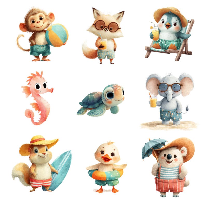 Summer Fun Watercolor Clipart Pack, Beach Animals, Sea Creatures ...