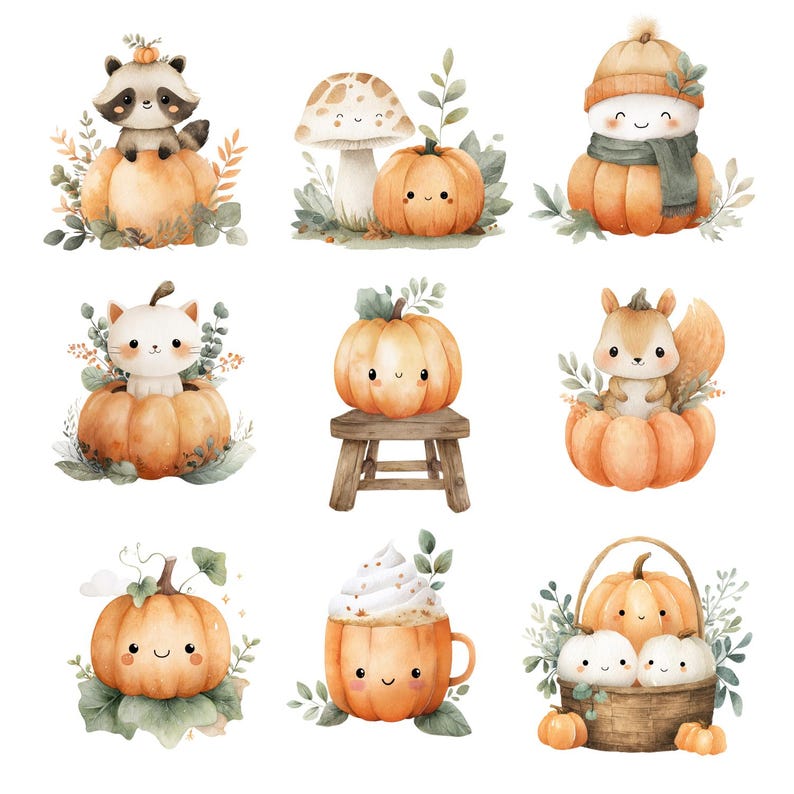 Watercolor Fall Clipart Set: Pumpkins, Animals, Cozy Autumn Pngs ...