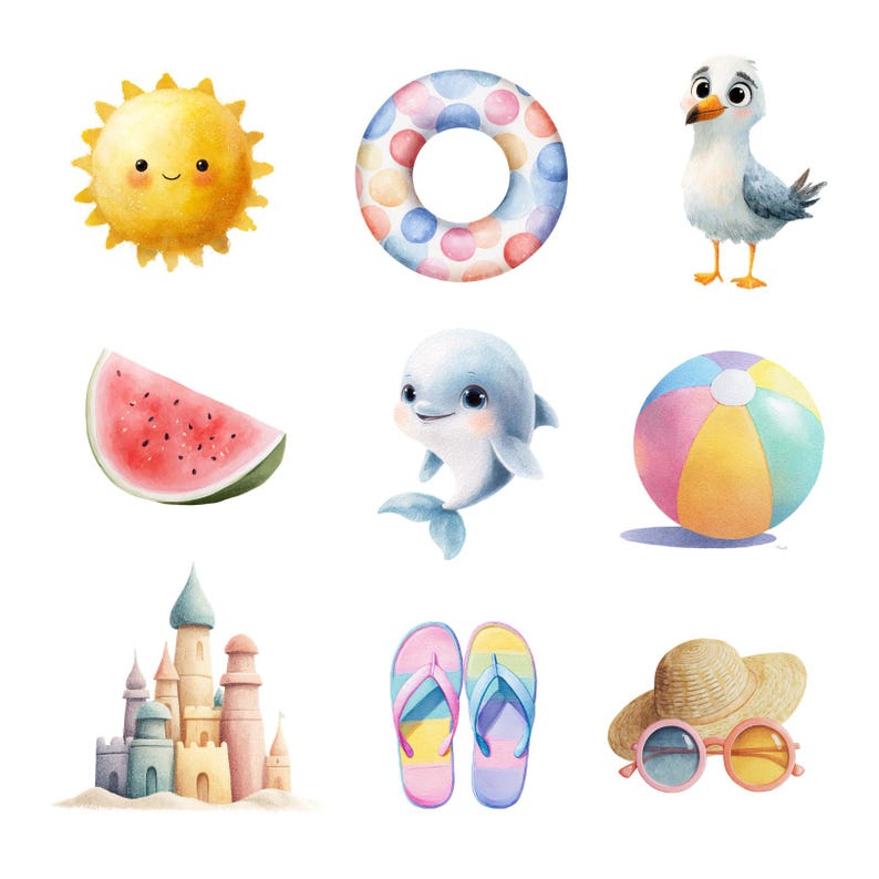Summer Fun Watercolor Clipart Pack, Beach Animals, Sea Creatures ...