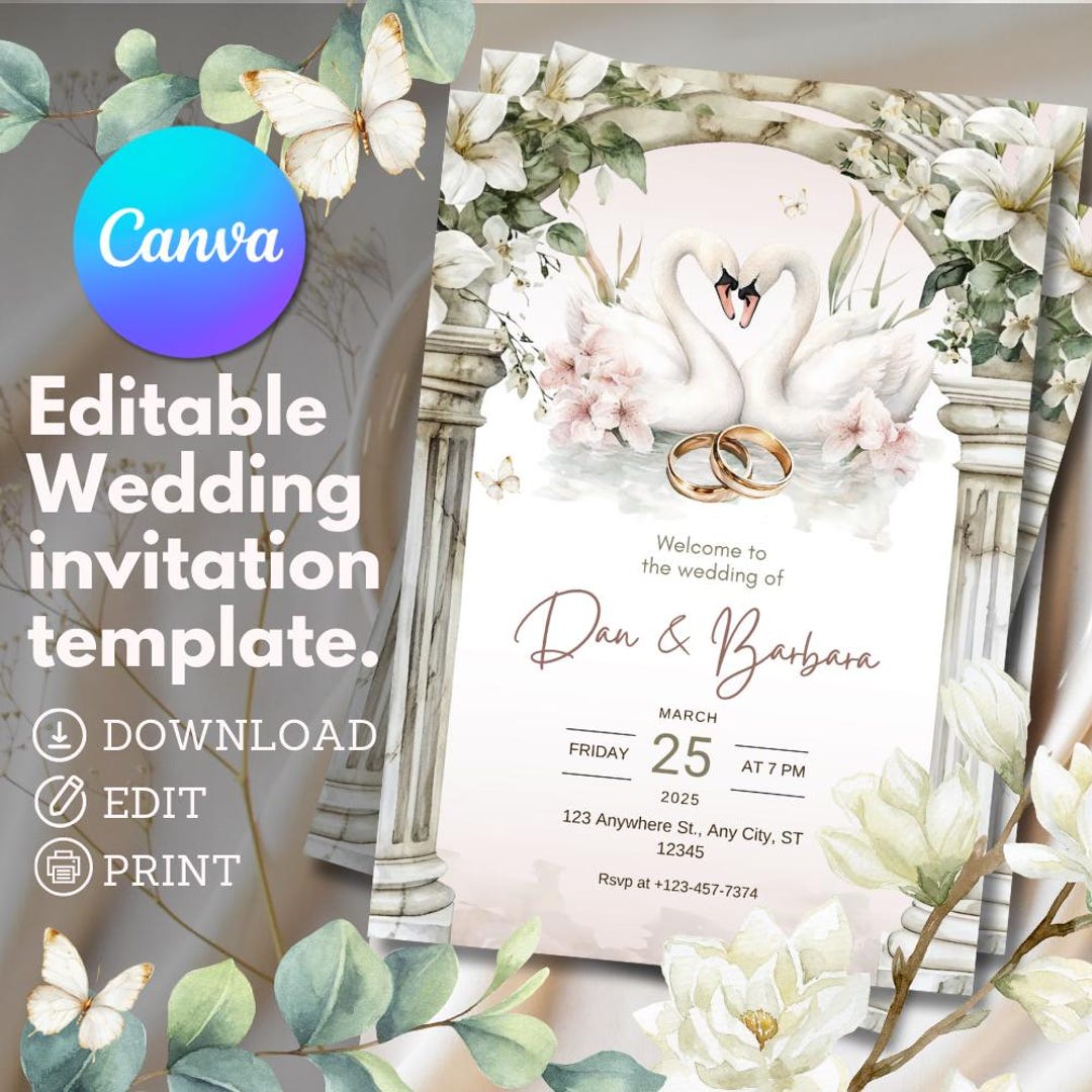 Editable Swan Wedding Invitation Template: Elegant Bridal Design ...