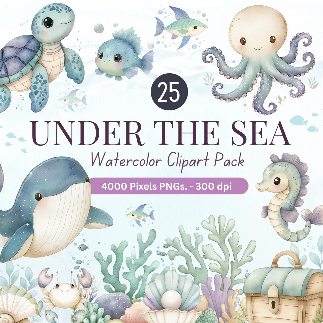 Watercolor Under the Sea Clipart: Marine Animals PNG Bundle (digital ...
