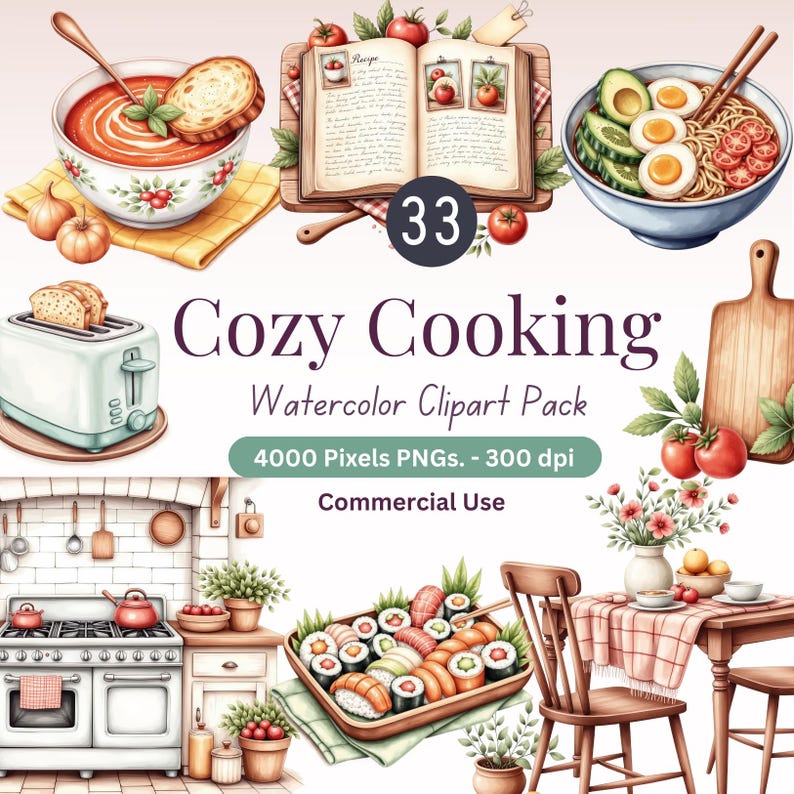 Watercolor Cooking Clipart: 33 Cozy Kitchen PNG Elements (commercial ...