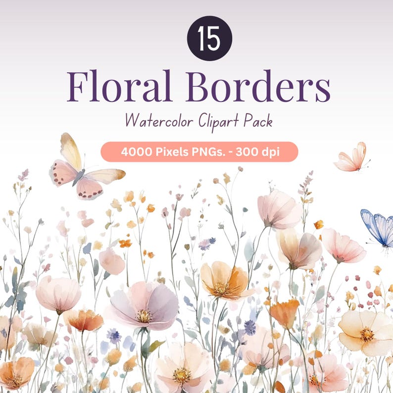 Watercolor Floral Borders Clipart: Wildflower Pngs (digital Download ...