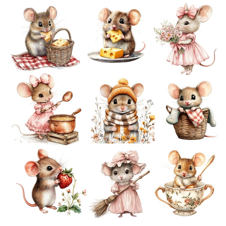 40 Spring Mouse Watercolor Clipart | Cute Mice, Floral Bouquets ...