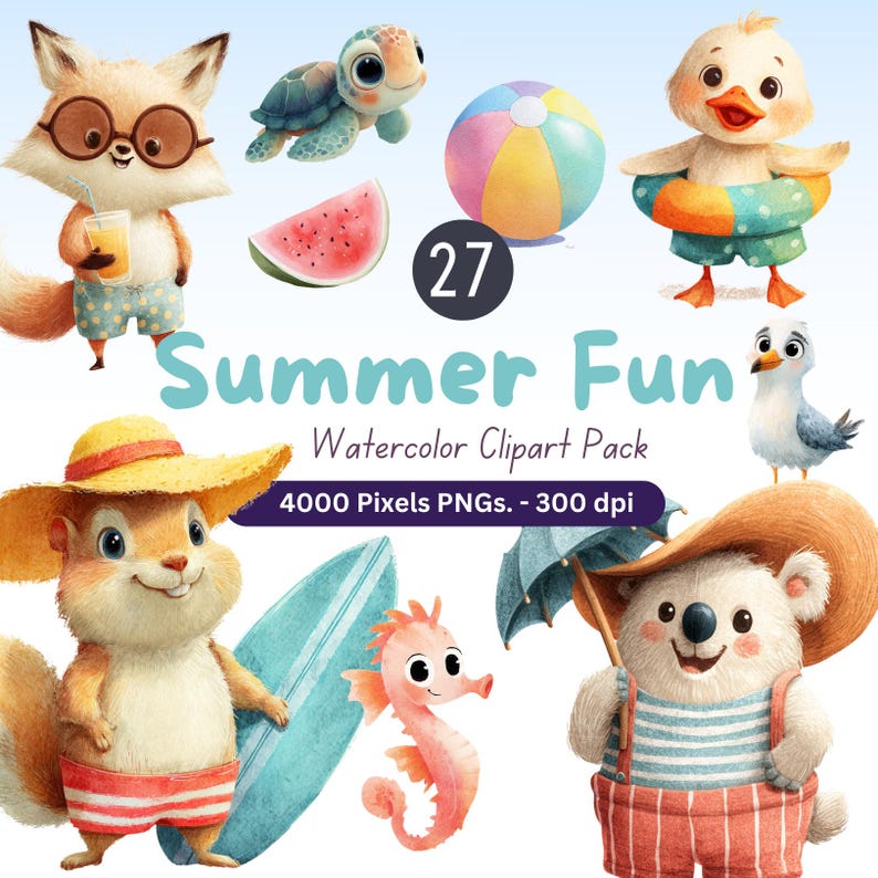Summer Fun Watercolor Clipart Pack, Beach Animals, Sea Creatures ...