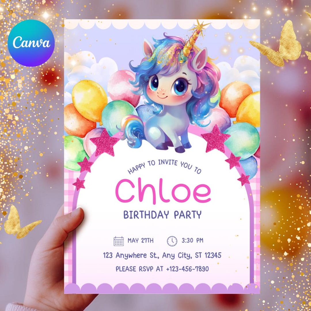 Editable Unicorn Birthday Invitation Easy Template -pink Sparkle ...