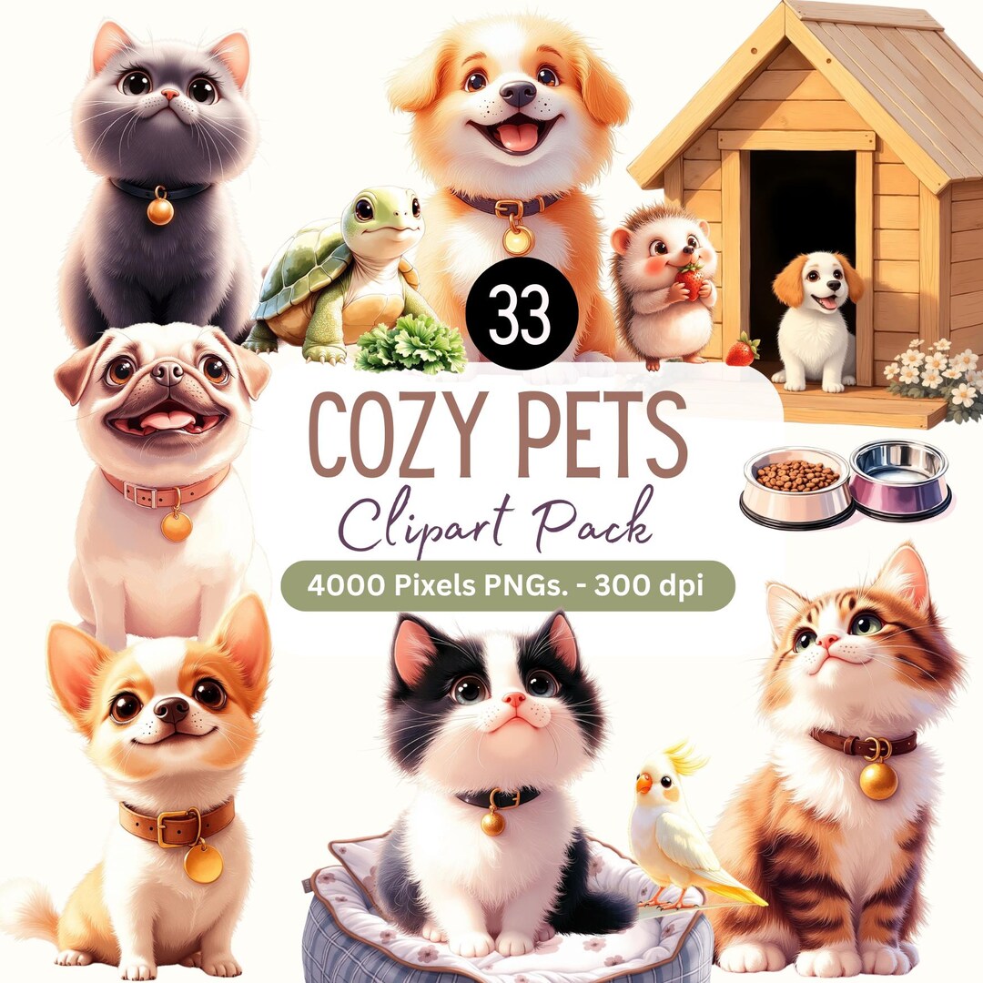 33 Cozy Pets Clipart Pack, Adorable Watercolor Pngs, Dogs, Cats, Birds ...