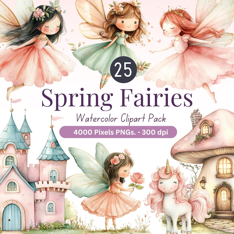 Spring Fairy Watercolor Clipart Bundle: Unicorns, Castles (PNG) - Etsy