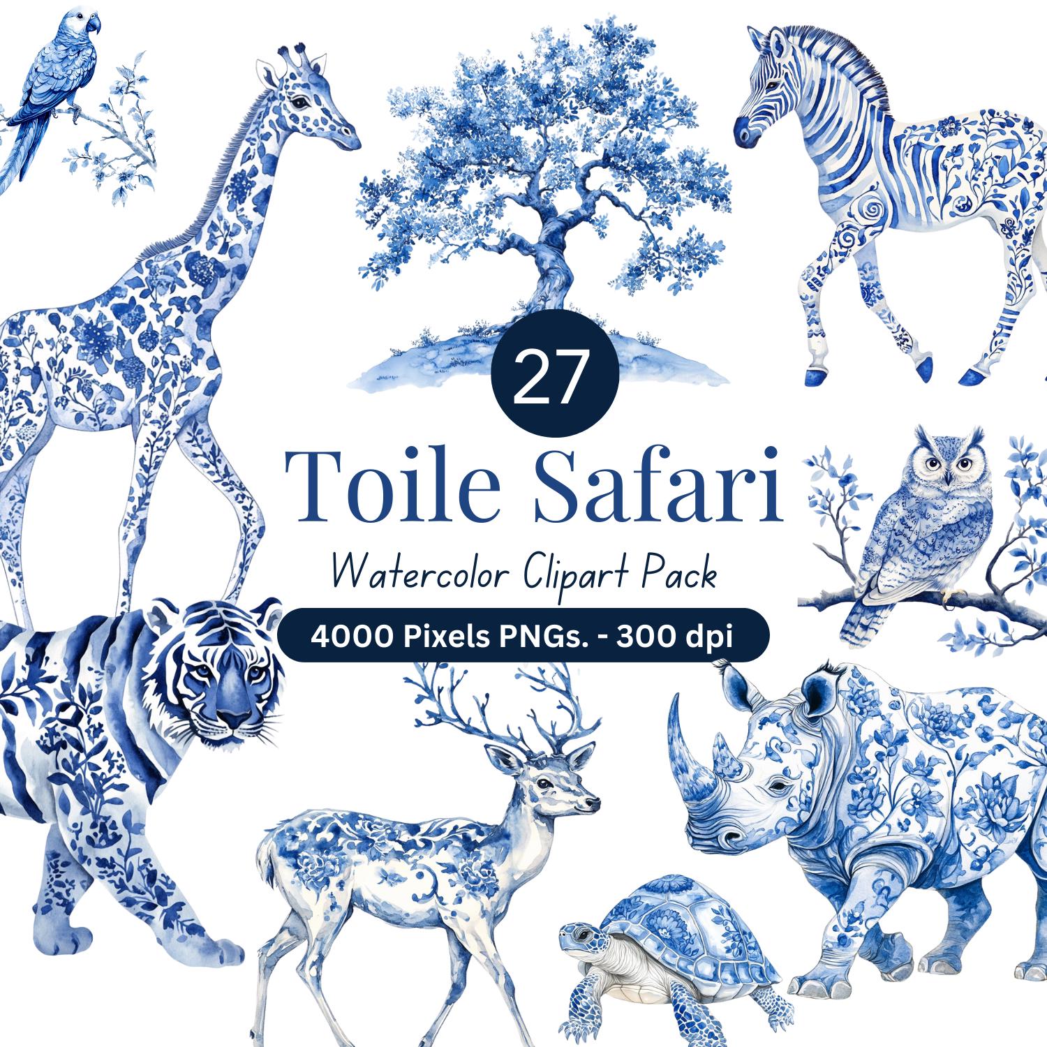 Toile Safari Animals Watercolor Clipart: Blue Jungle Nursery Art (PNG ...