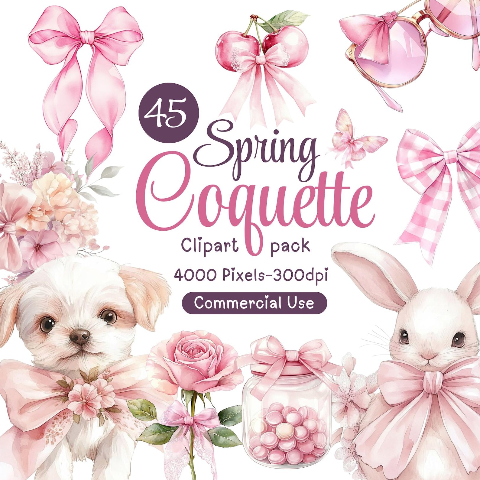 Spring Coquette Clipart: Pink Bows, Bunny, Swan (45 PNG Illustrations ...