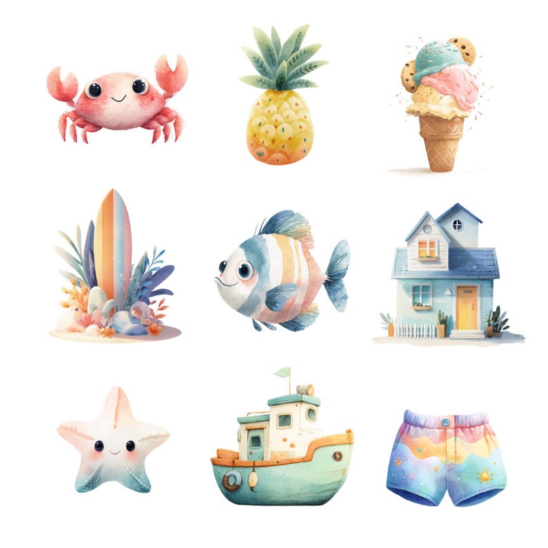 Summer Fun Watercolor Clipart Pack, Beach Animals, Sea Creatures ...
