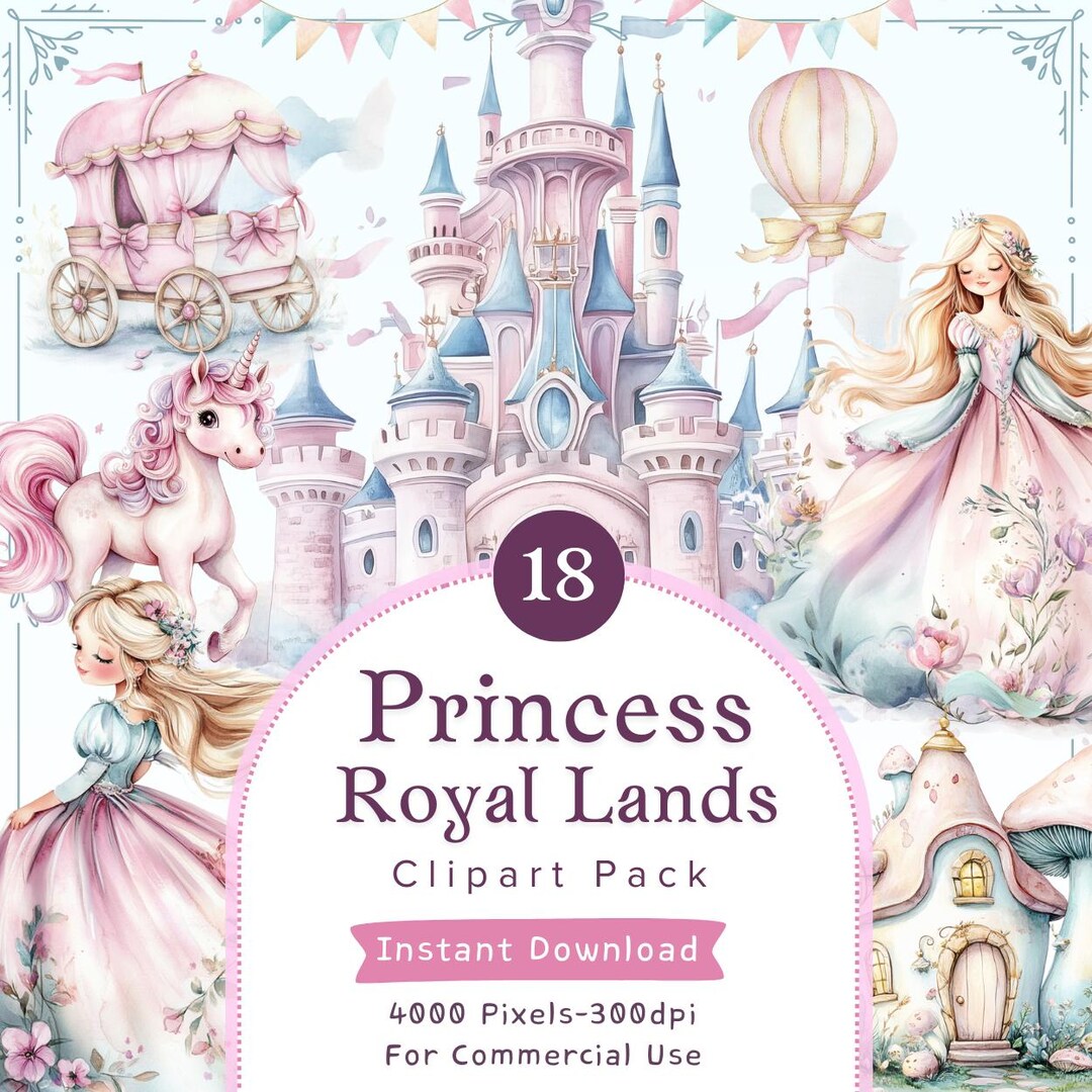 Princess Clipart Pack: Royal Lands, Unicorns, Castles (pngs, Commercial ...