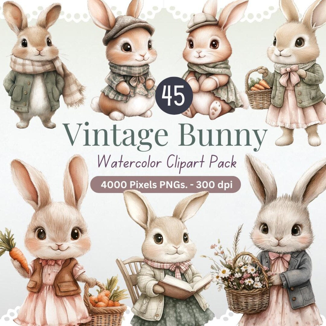Vintage Bunny Watercolor Clipart: Cottagecore Easter Graphics (digital ...