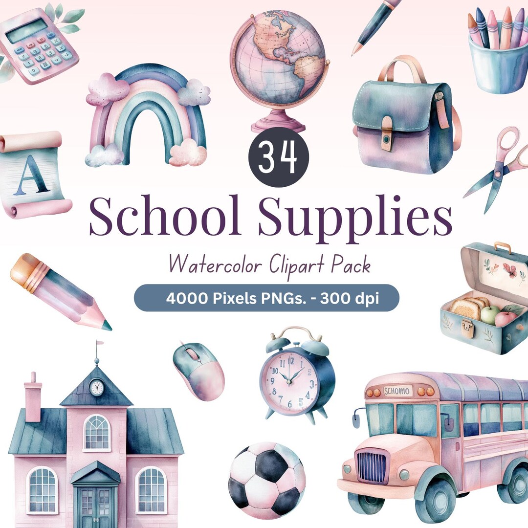 Back to School Watercolor Clipart | 34 PNG School Supplies | Pastel ...