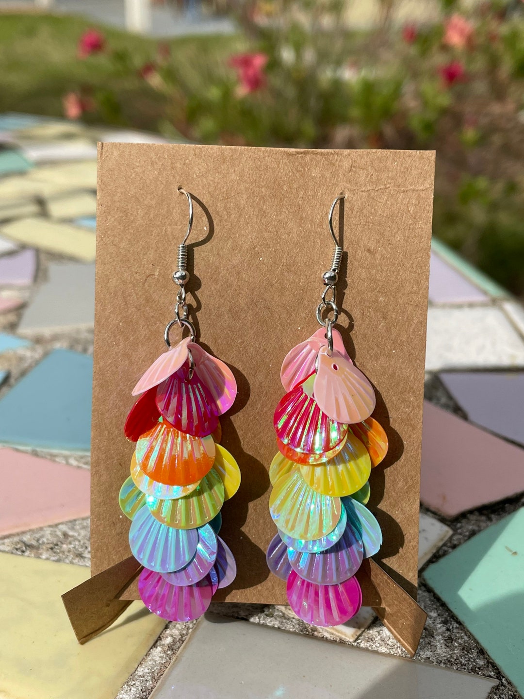 Rainbow Seashell Sequin Dangle Drop Earrings – Holographic Rave ...