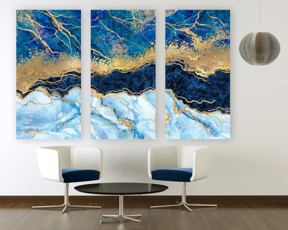 Blue Gold Marbled Canvas Abstract Watercolor Modern Art - Etsy