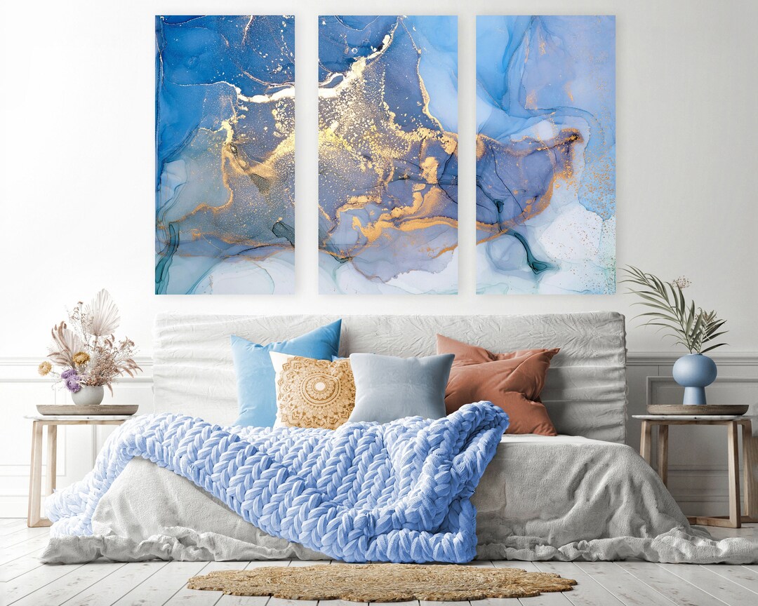 Heavenly Blue Gold Canvas Art, Calming Sky Blue/Gold Painting, Abstract ...