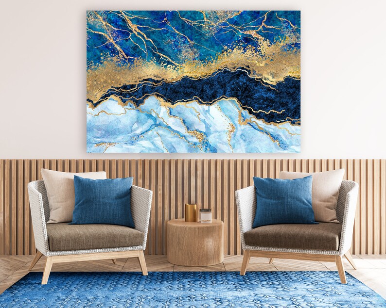Blue + Gold Marbled Canvas, Abstract Watercolor Modern Art Painting ...