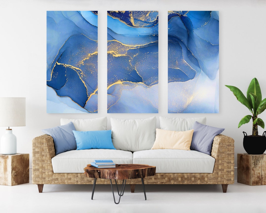Sky Blue + Gold Canvas Art, Abstract Watercolor Painting, Calm Modern ...