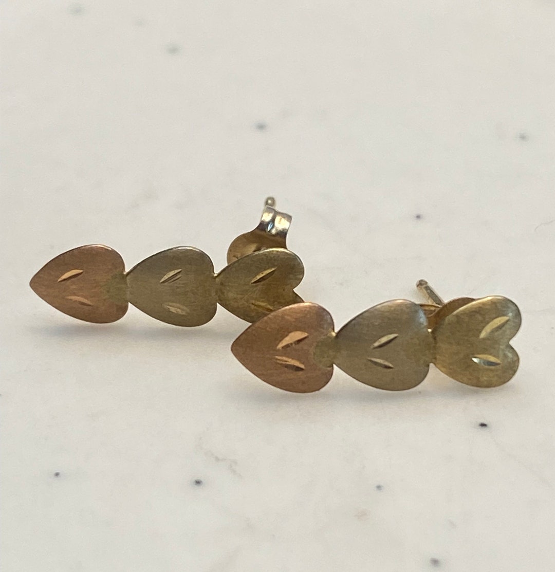 14k Gold Tri-tone Stacked Heart Studs - Etsy