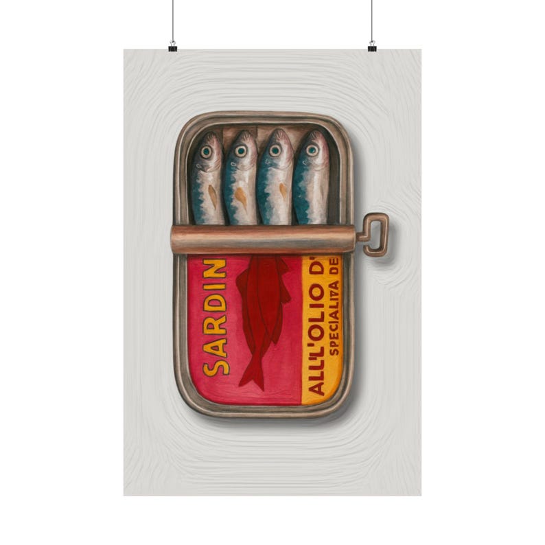 Retro Sardine Can Art Print Vintage Italian Food Poster Bold Red Yellow ...