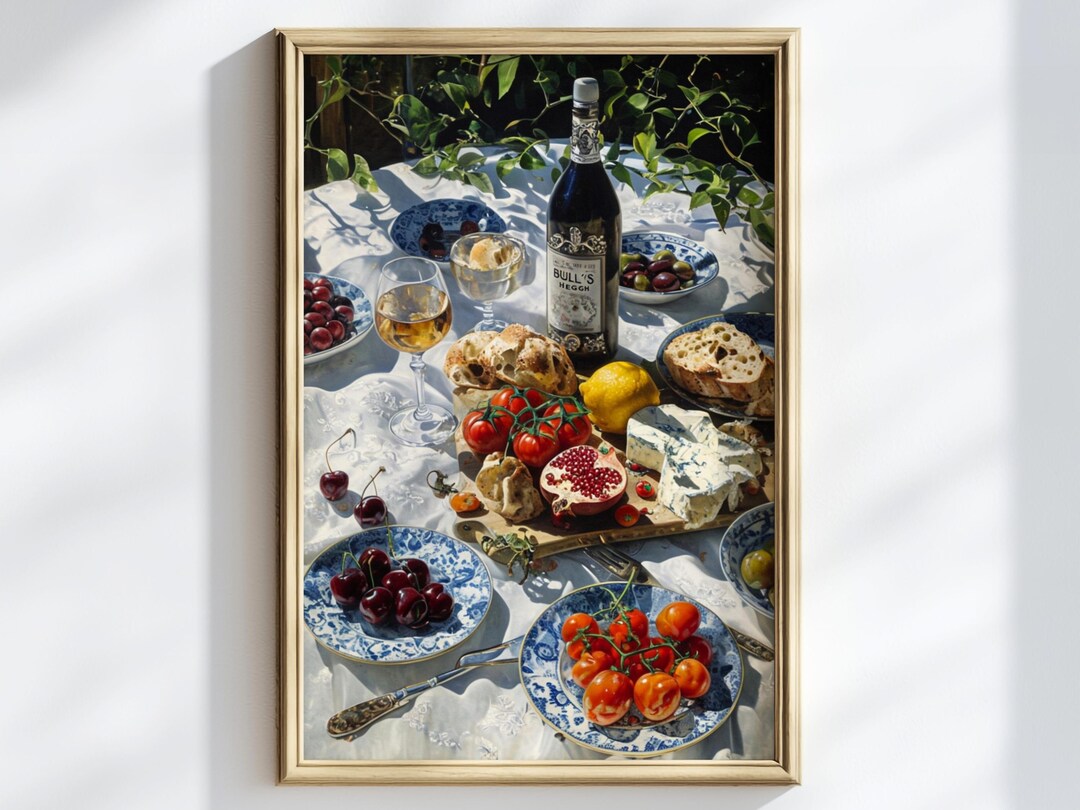 Mediterranean Still Life Wall Art With Wine and Cheese, European Summer ...