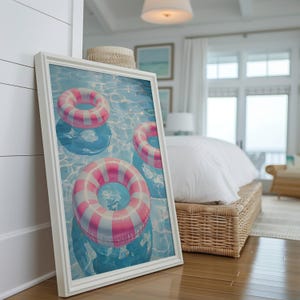 Summer Pool Art Print, Pink Float Wall Art, Coastal Home Decor, Vibrant ...