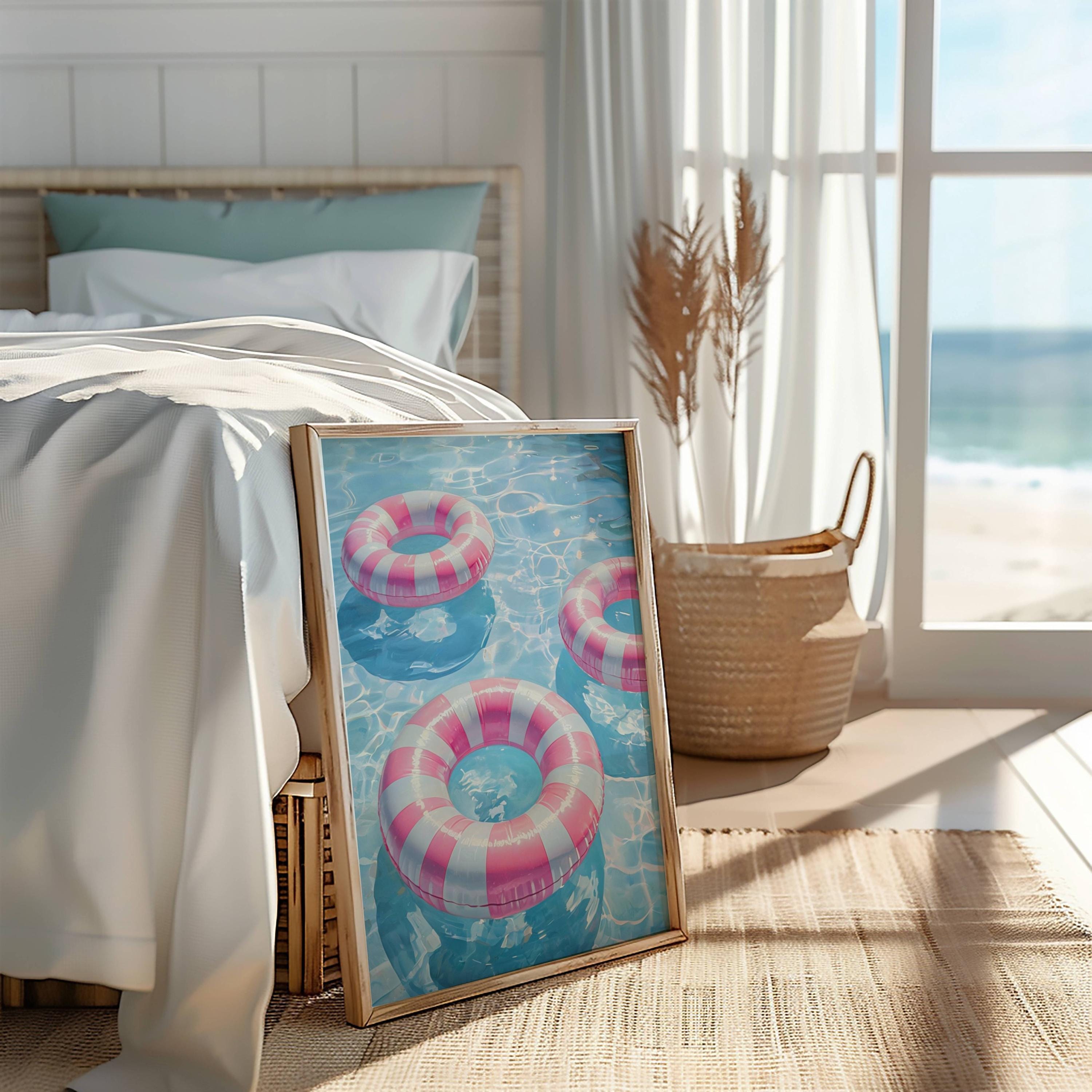 Summer Pool Art Print, Pink Float Wall Art, Coastal Home Decor, Vibrant ...
