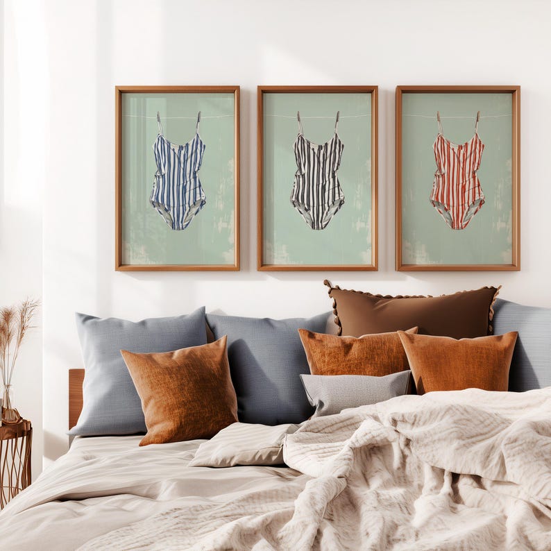 Navy and White Striped Swimsuit Wall Art – Retro Coastal Summer Poster ...