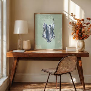 Navy and White Striped Swimsuit Wall Art, Retro Coastal Summer Poster ...