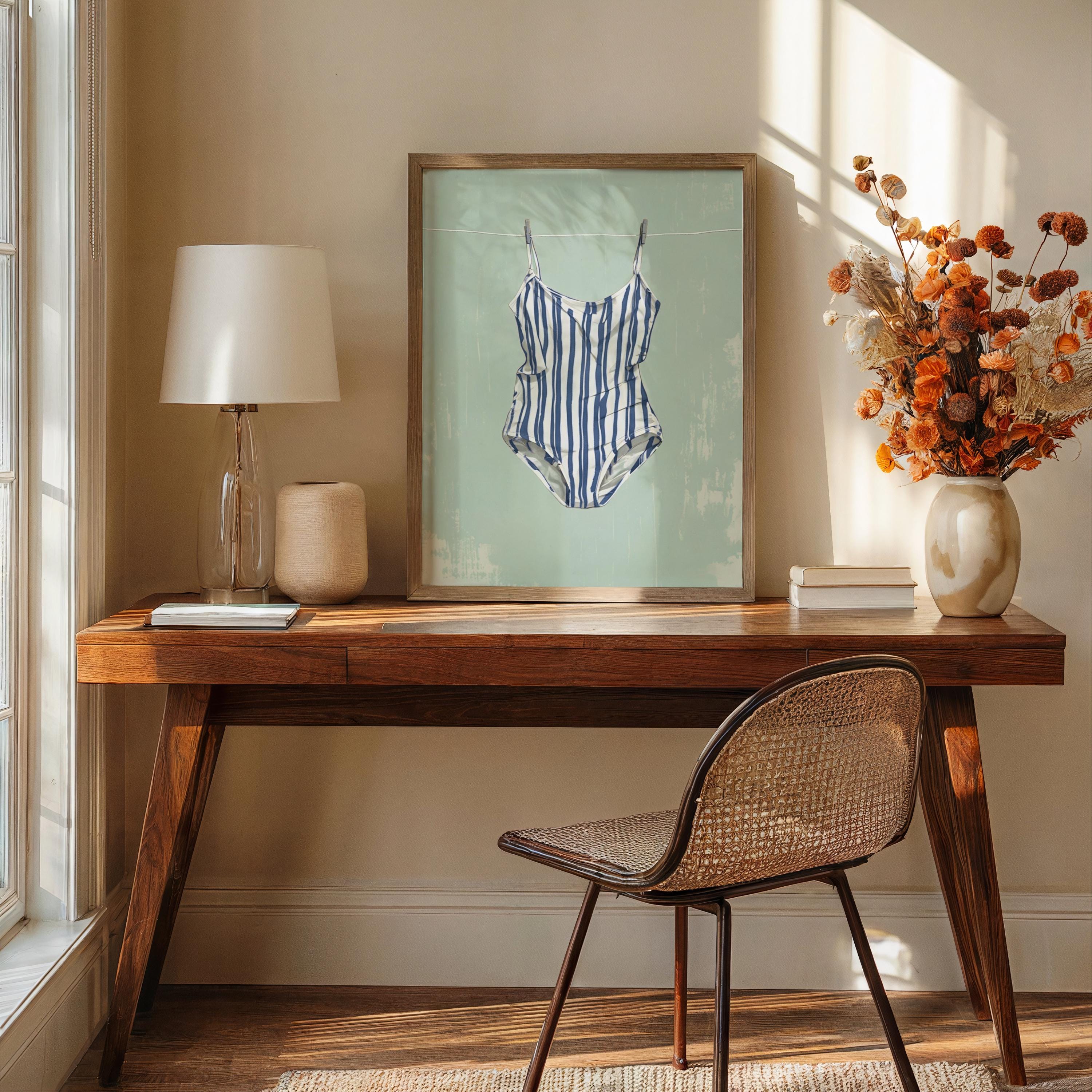 Navy and White Striped Swimsuit Wall Art, Retro Coastal Summer Poster ...