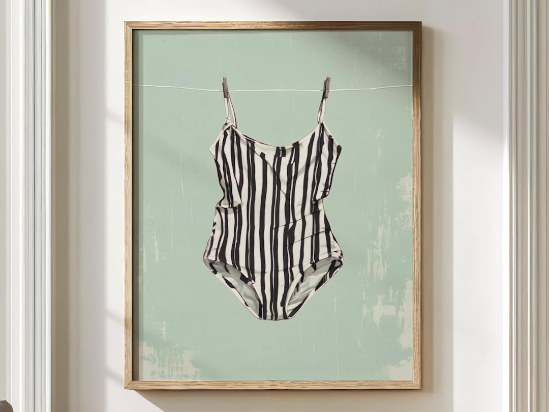 Striped Swimsuit Wall Art, Retro Swim Poster, Coastal Bathroom Decor ...